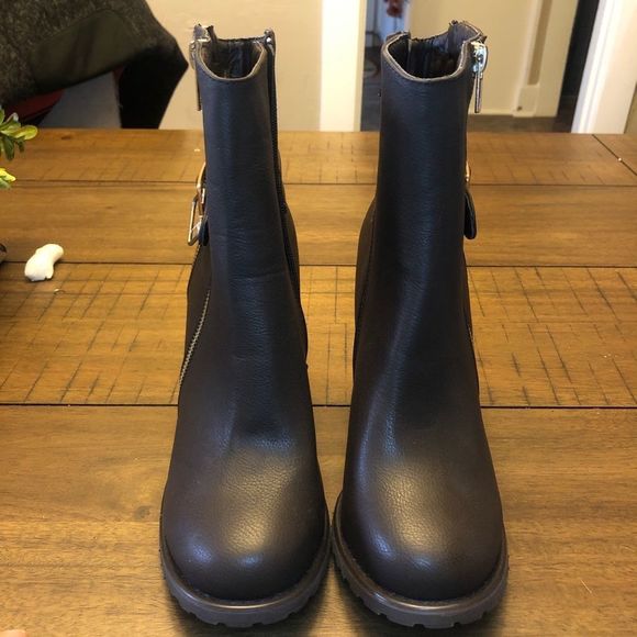 Pink Key | Shoes | Pink Key Heel Ankle Moto Boots Brown Double Zip ...